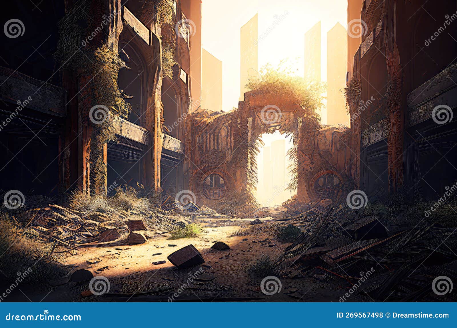 Post-apocalyptic Scenery with Destroyed Building Structures Stock ...