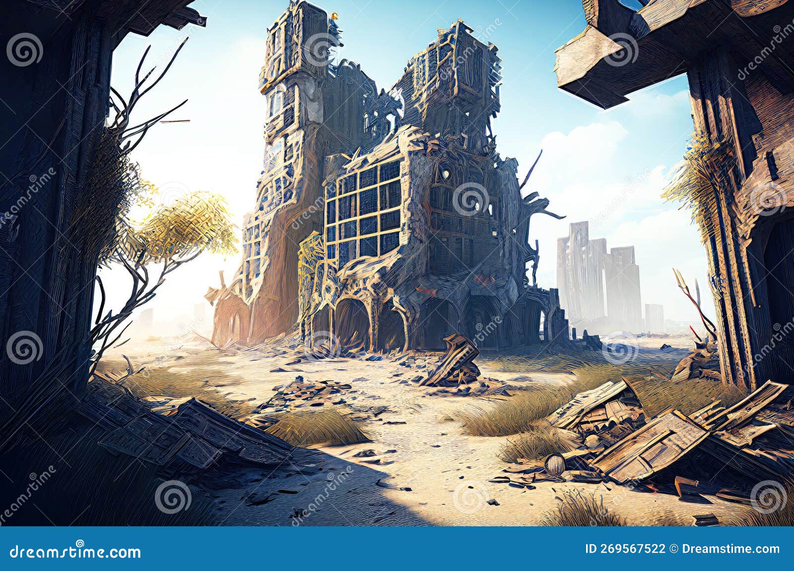 Post-apocalyptic Scenery with Destroyed Building Structures Stock ...