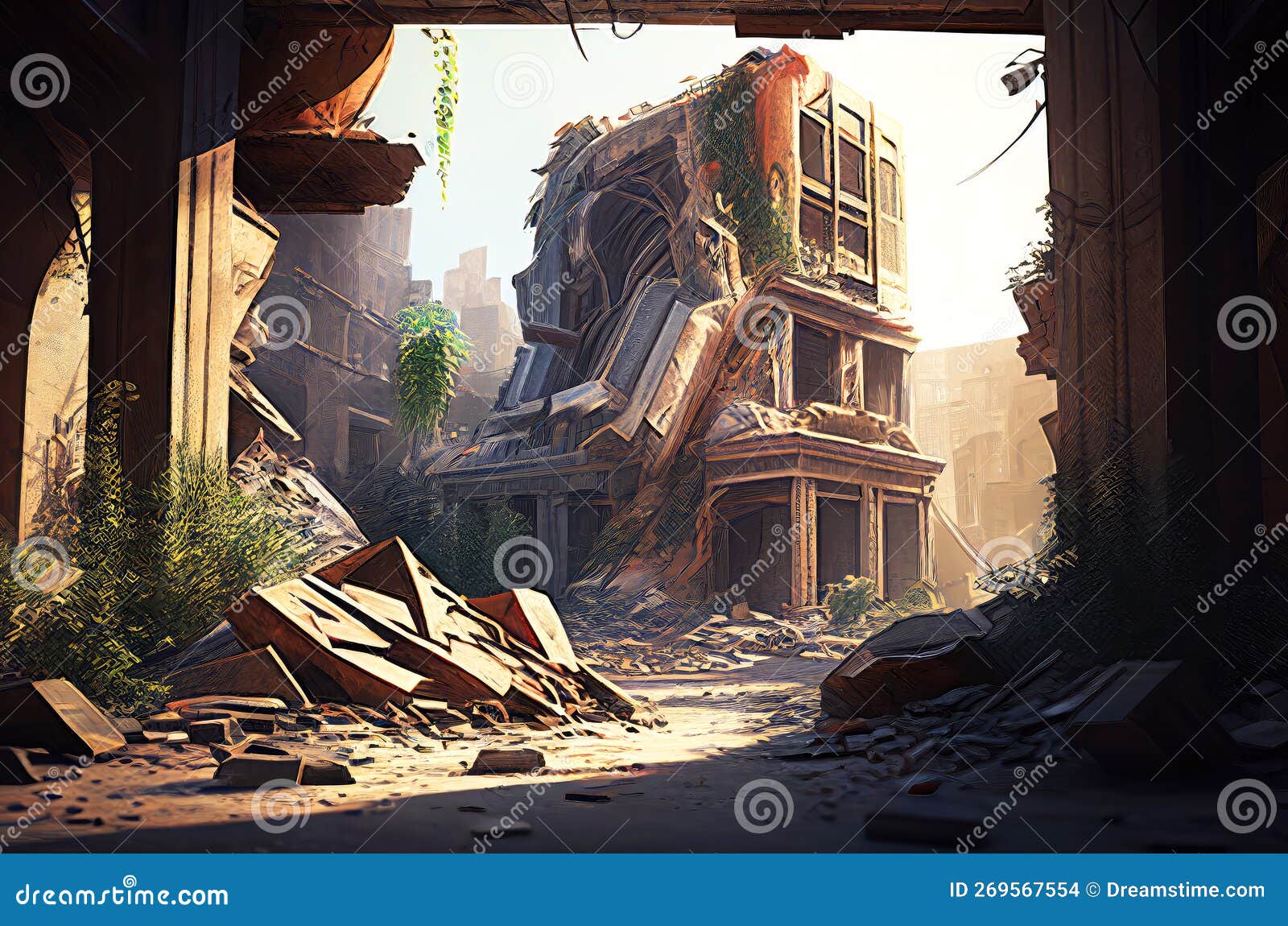 Post-apocalyptic Scenery with Destroyed Building Structures Stock ...