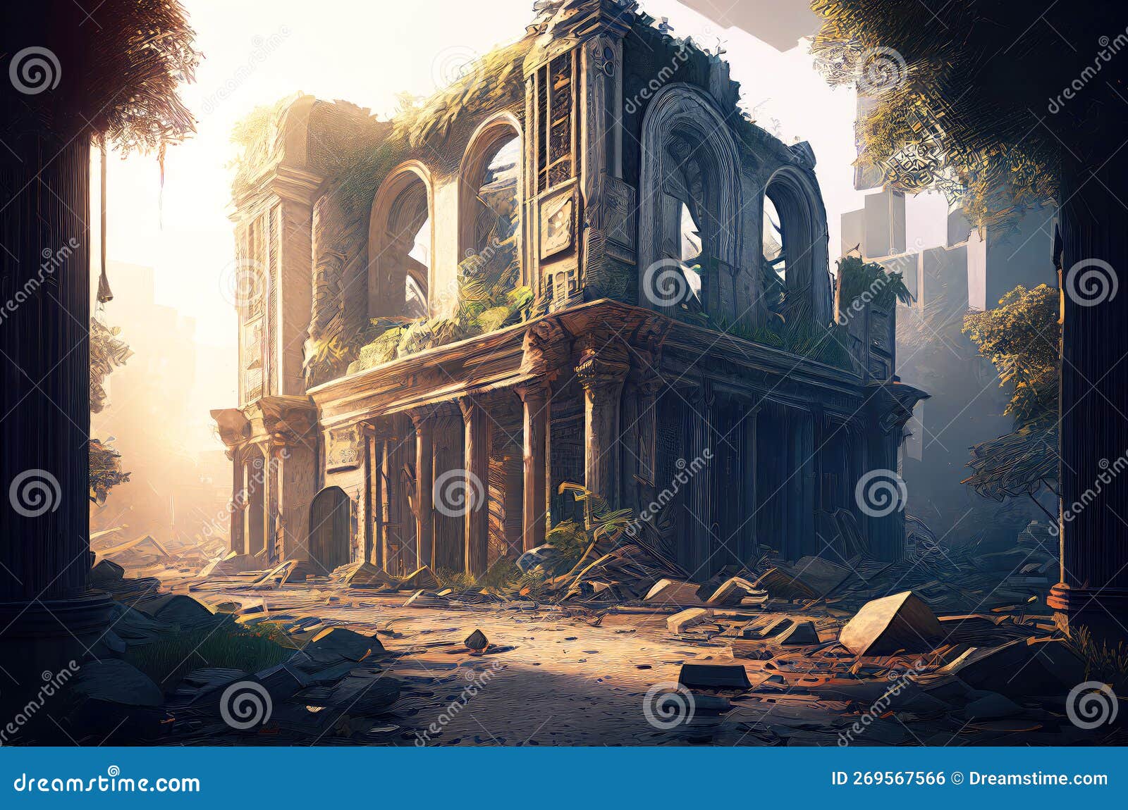 Post-apocalyptic Scenery with Destroyed Building Structures Stock ...