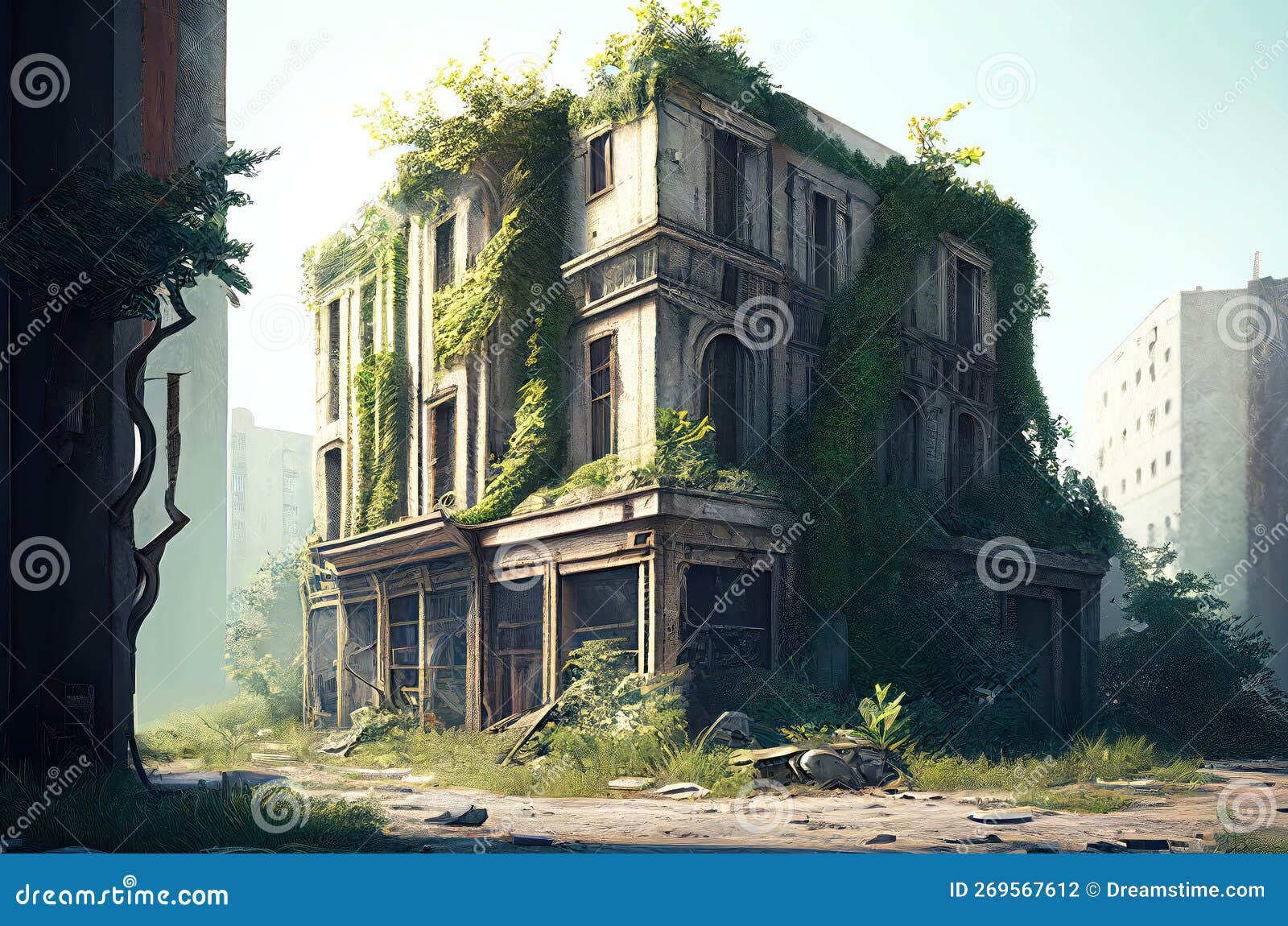 Post-apocalyptic Scenery with Destroyed Building Structures Stock ...