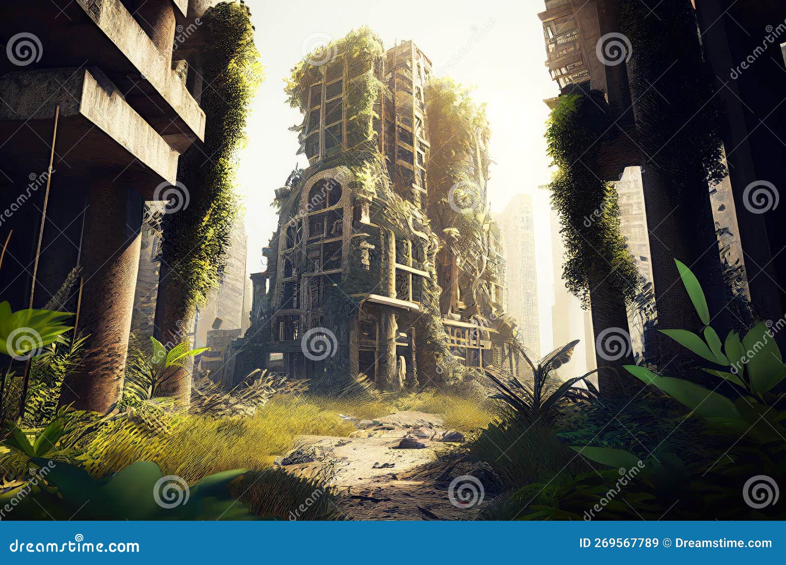 Post-apocalyptic Scenery with Destroyed Building Structures Stock ...