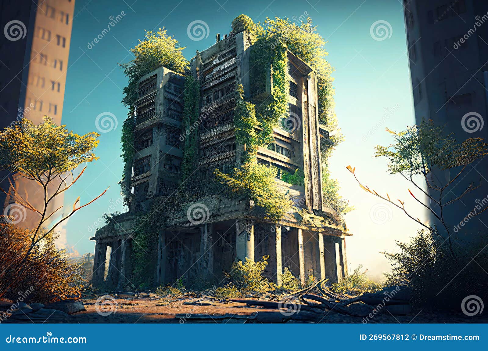Post-apocalyptic Scenery with Destroyed Building Structures Stock ...