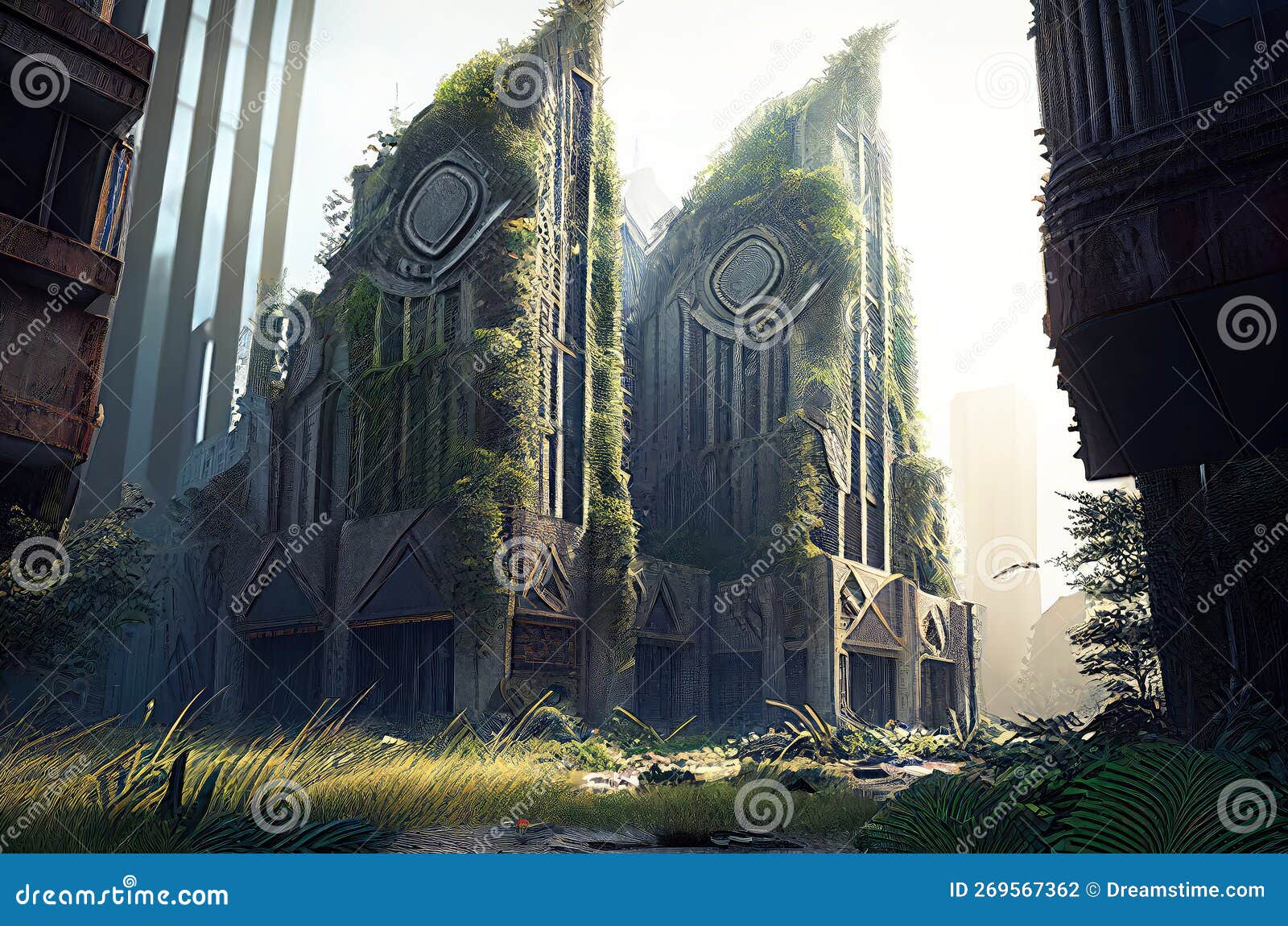 Post-apocalyptic Scenery with Destroyed Building Structures Stock ...