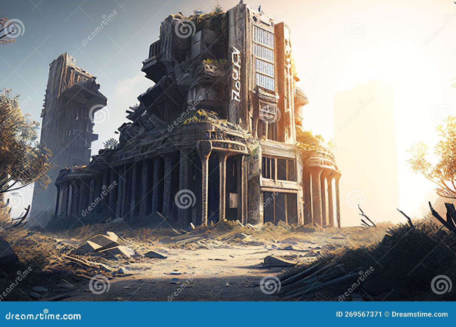 Post-apocalyptic Scenery with Destroyed Building Structures Stock ...