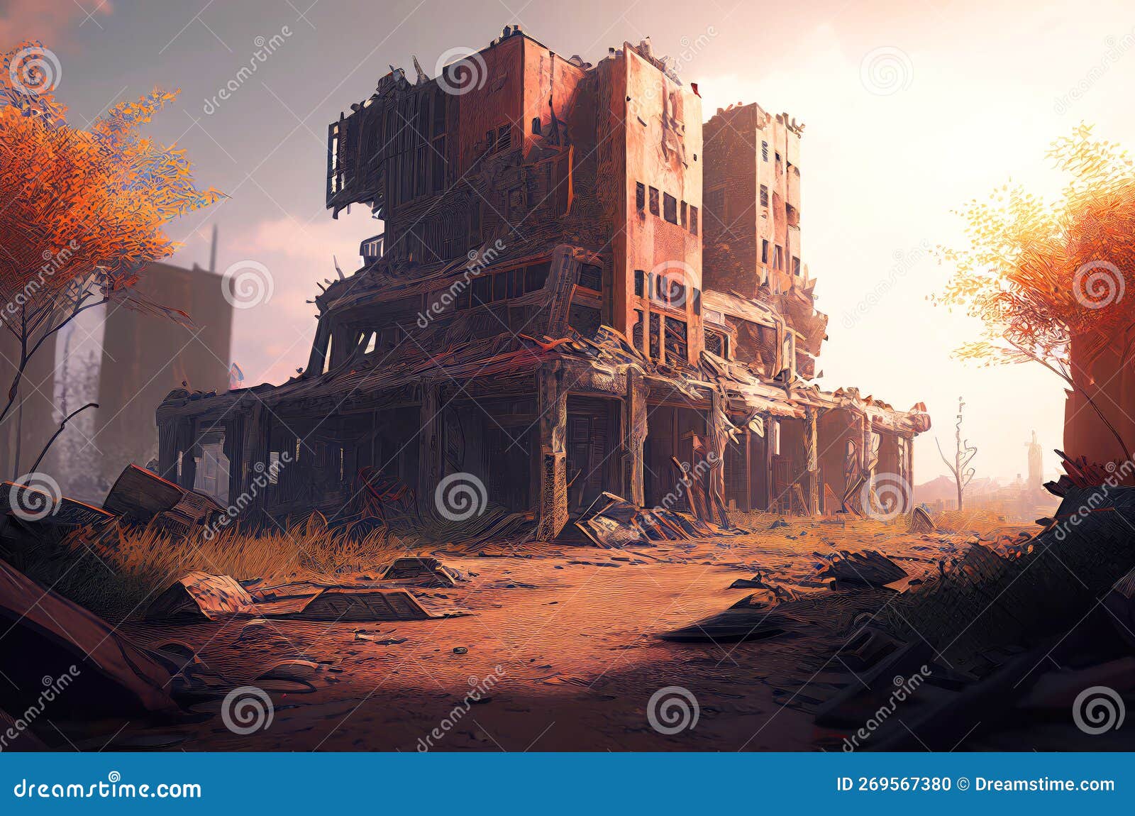 Post-apocalyptic Scenery with Destroyed Building Structures Stock ...