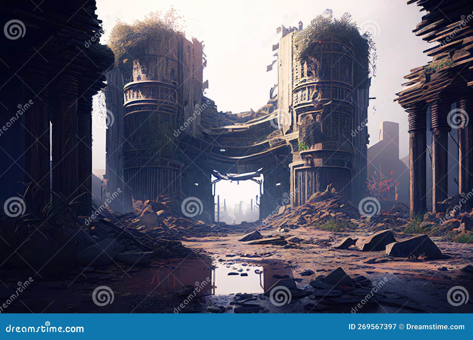 Post-apocalyptic Scenery with Destroyed Building Structures Stock ...