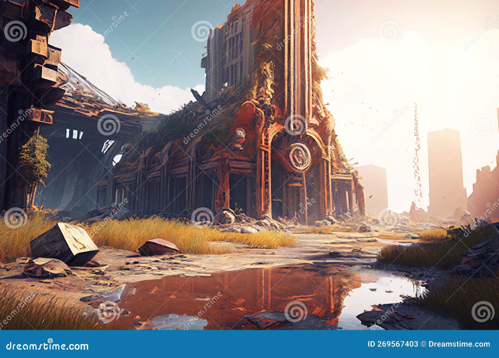 Post-apocalyptic Scenery with Destroyed Building Structures Stock ...