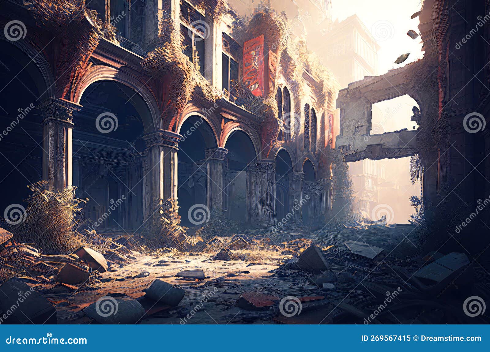 Post-apocalyptic Scenery with Destroyed Building Structures Stock ...