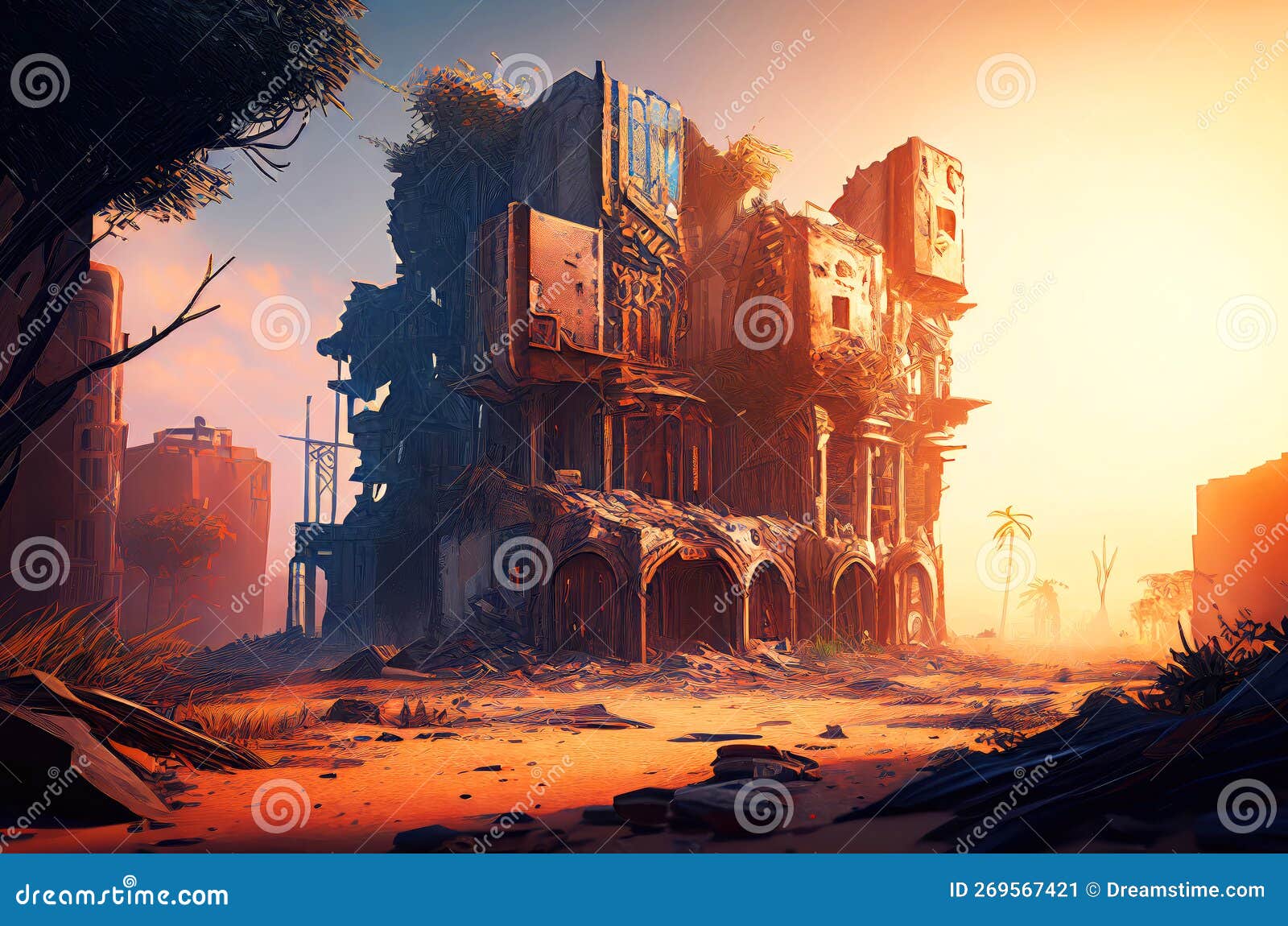 Post-apocalyptic Scenery with Destroyed Building Structures Stock ...
