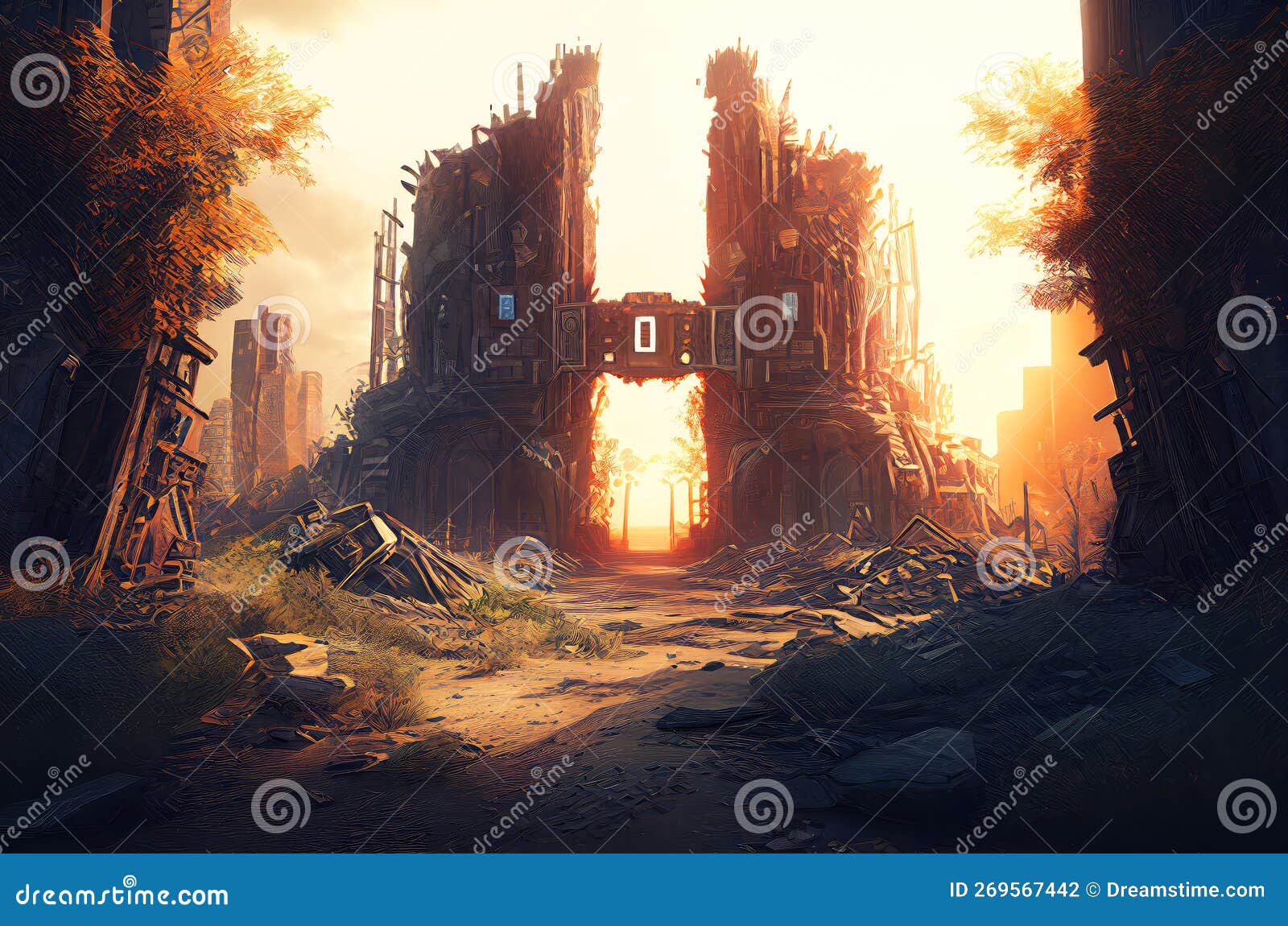 Post-apocalyptic Scenery with Destroyed Building Structures Stock ...