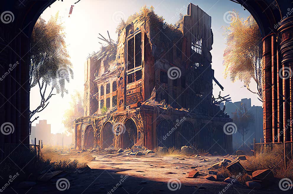 Post-apocalyptic Scenery with Destroyed Building Structures Stock ...