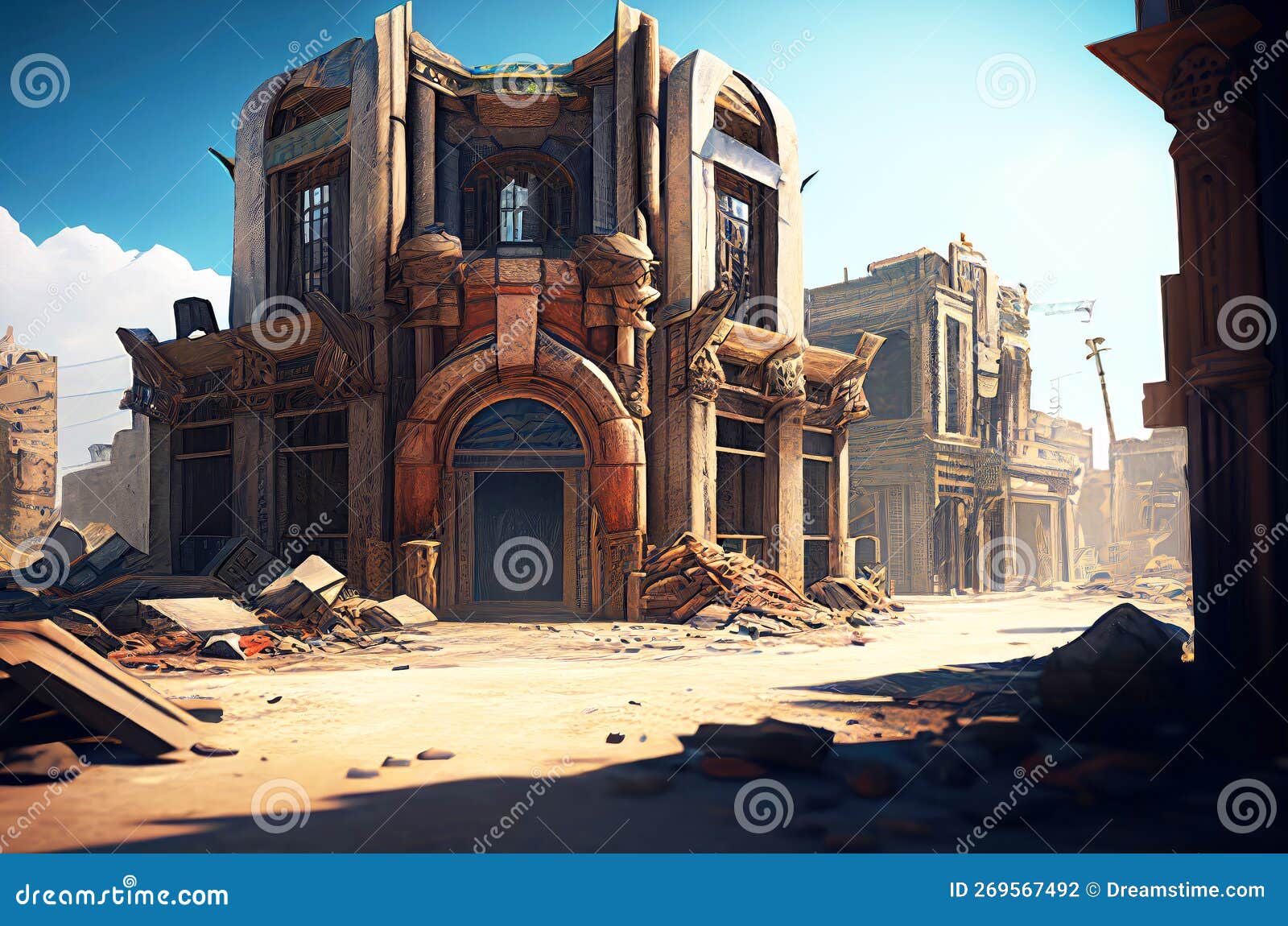 Post-apocalyptic Scenery with Destroyed Building Structures Stock ...