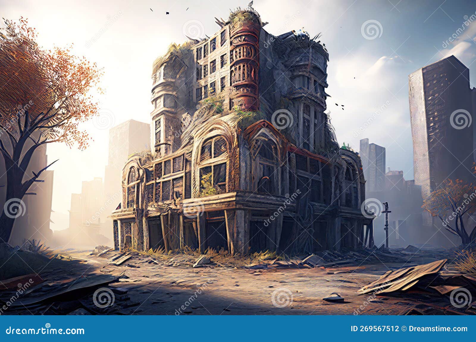 Post-apocalyptic Scenery with Destroyed Building Structures Stock ...