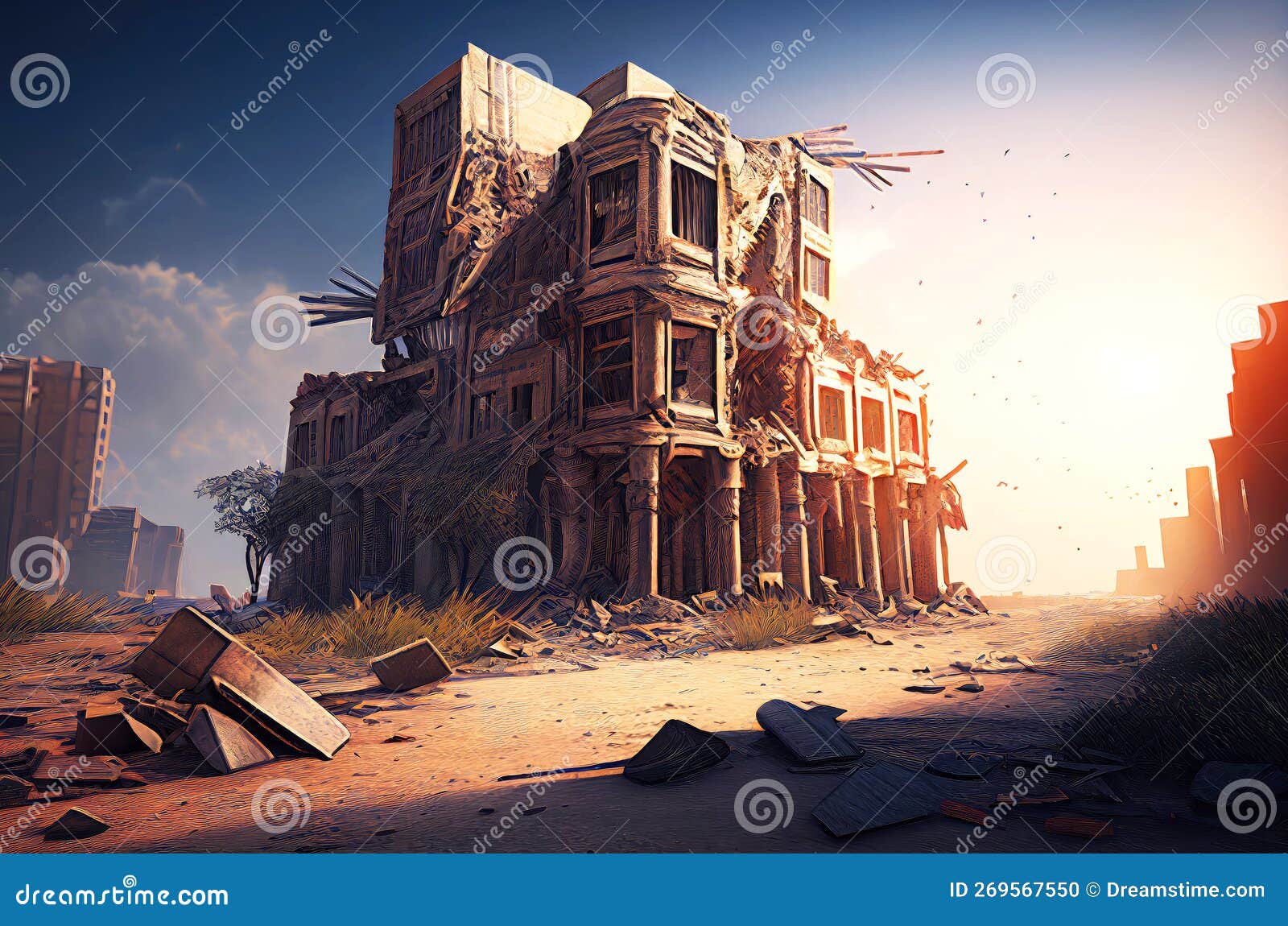Post-apocalyptic Scenery with Destroyed Building Structures Stock ...