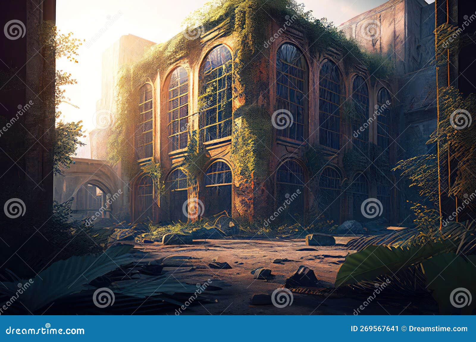 Post-apocalyptic Scenery with Destroyed Building Structures Stock ...