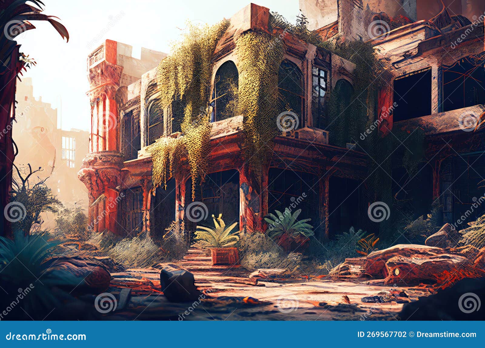 Post-apocalyptic Scenery with Destroyed Building Structures Stock ...