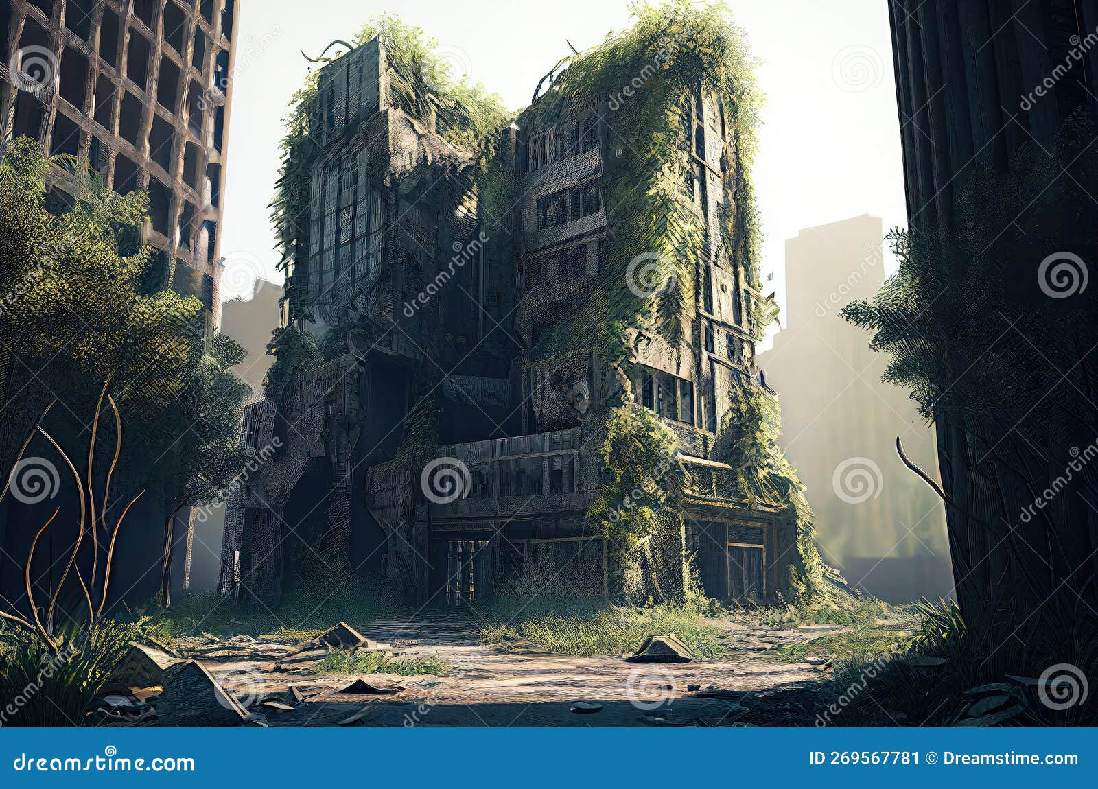 Post-apocalyptic Scenery with Destroyed Building Structures Stock ...