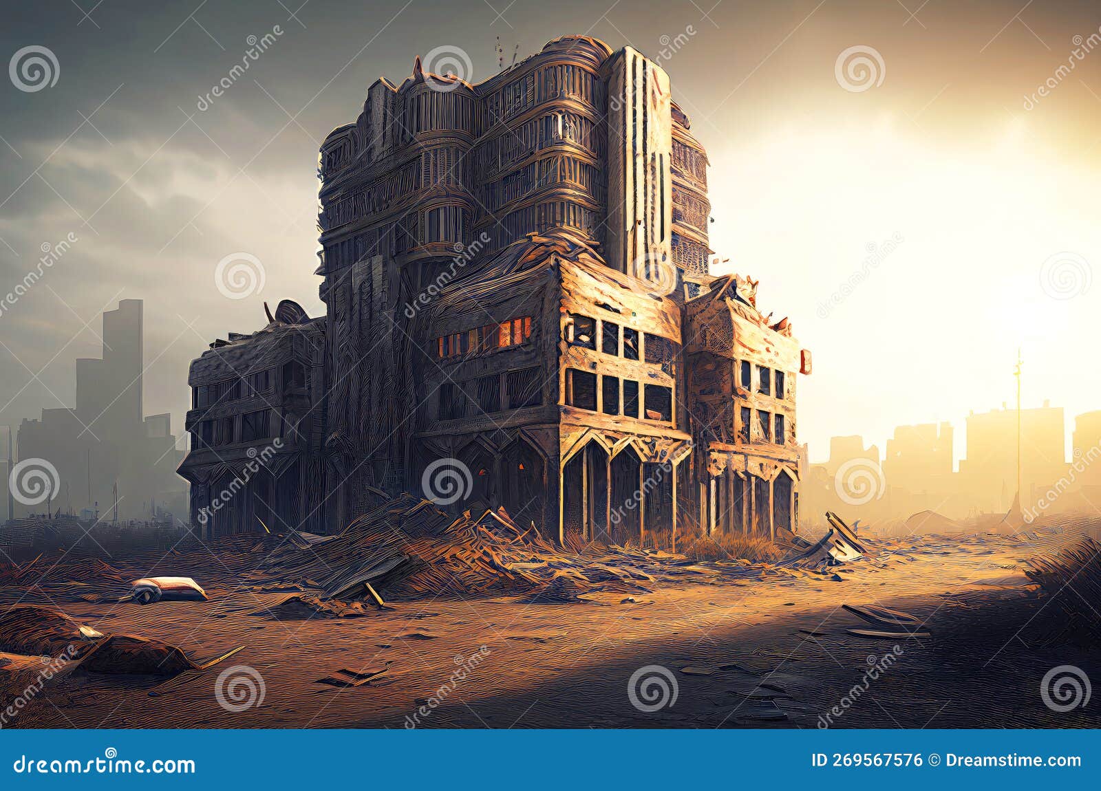 Post-apocalyptic Scenery with Destroyed Building Structures Stock ...