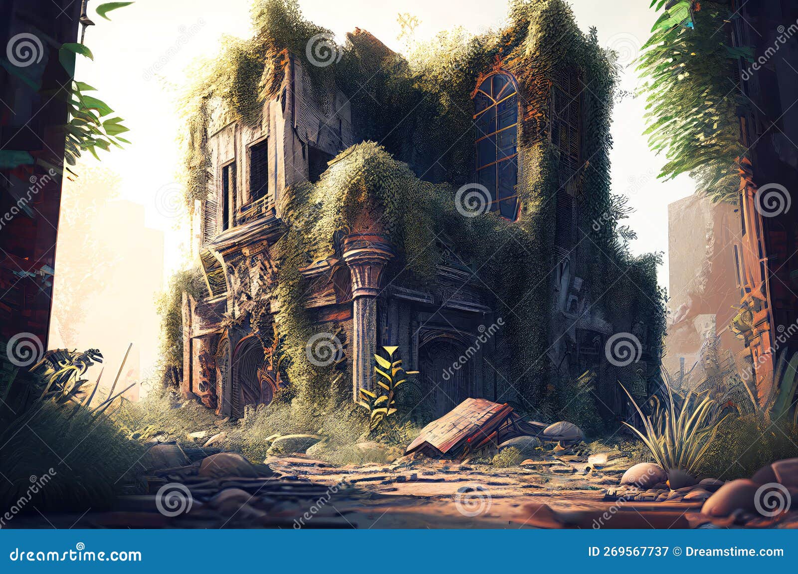 Post-apocalyptic Scenery with Destroyed Building Structures Stock ...