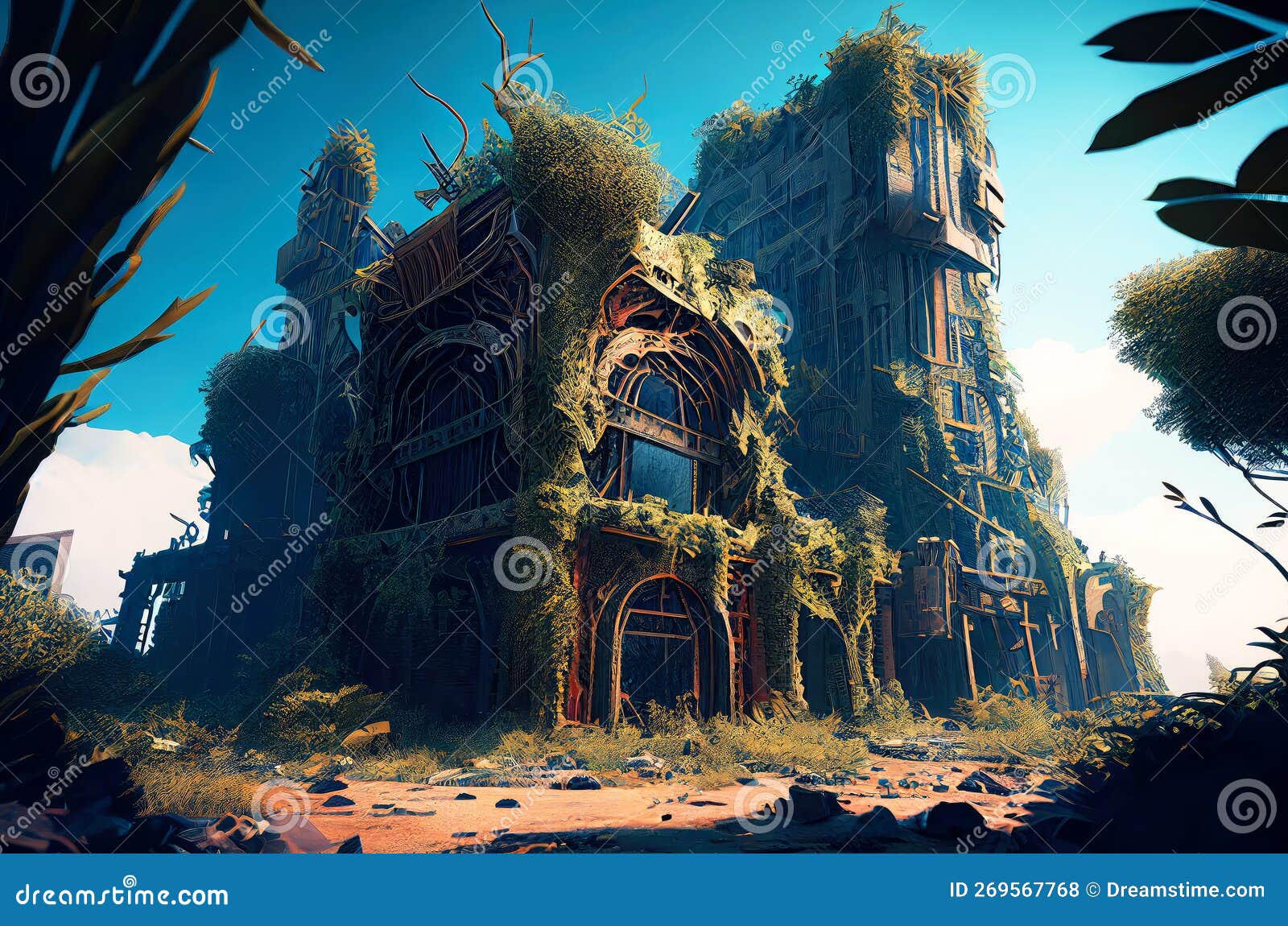 Post-apocalyptic Scenery with Destroyed Building Structures Stock ...