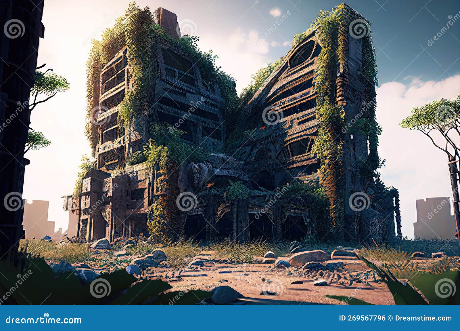 Post-apocalyptic Scenery with Destroyed Building Structures Stock ...