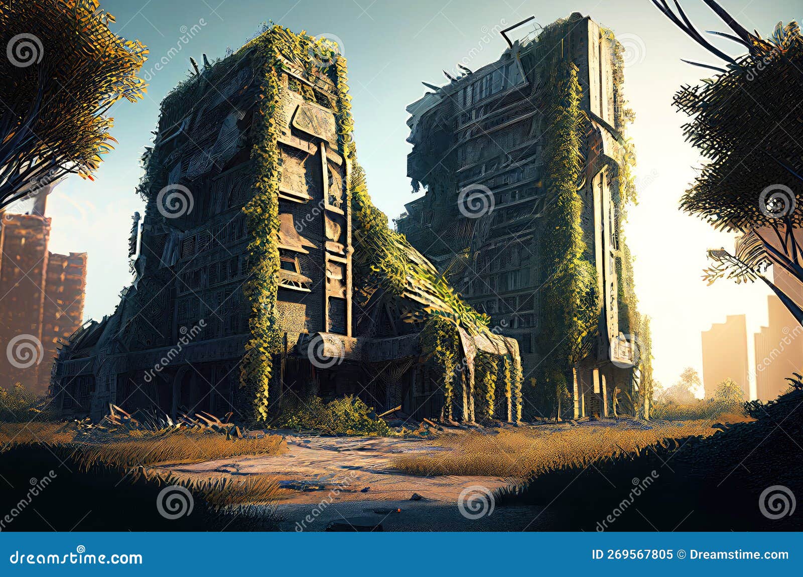 Post-apocalyptic Scenery with Destroyed Building Structures Stock ...