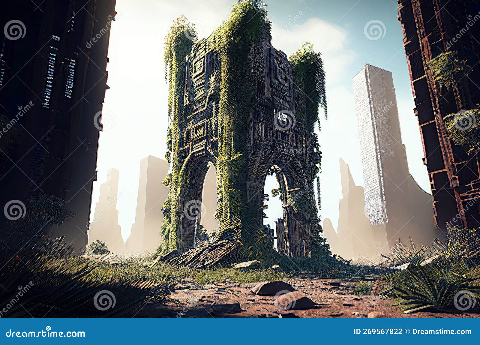 Post-apocalyptic Scenery with Destroyed Building Structures Stock ...