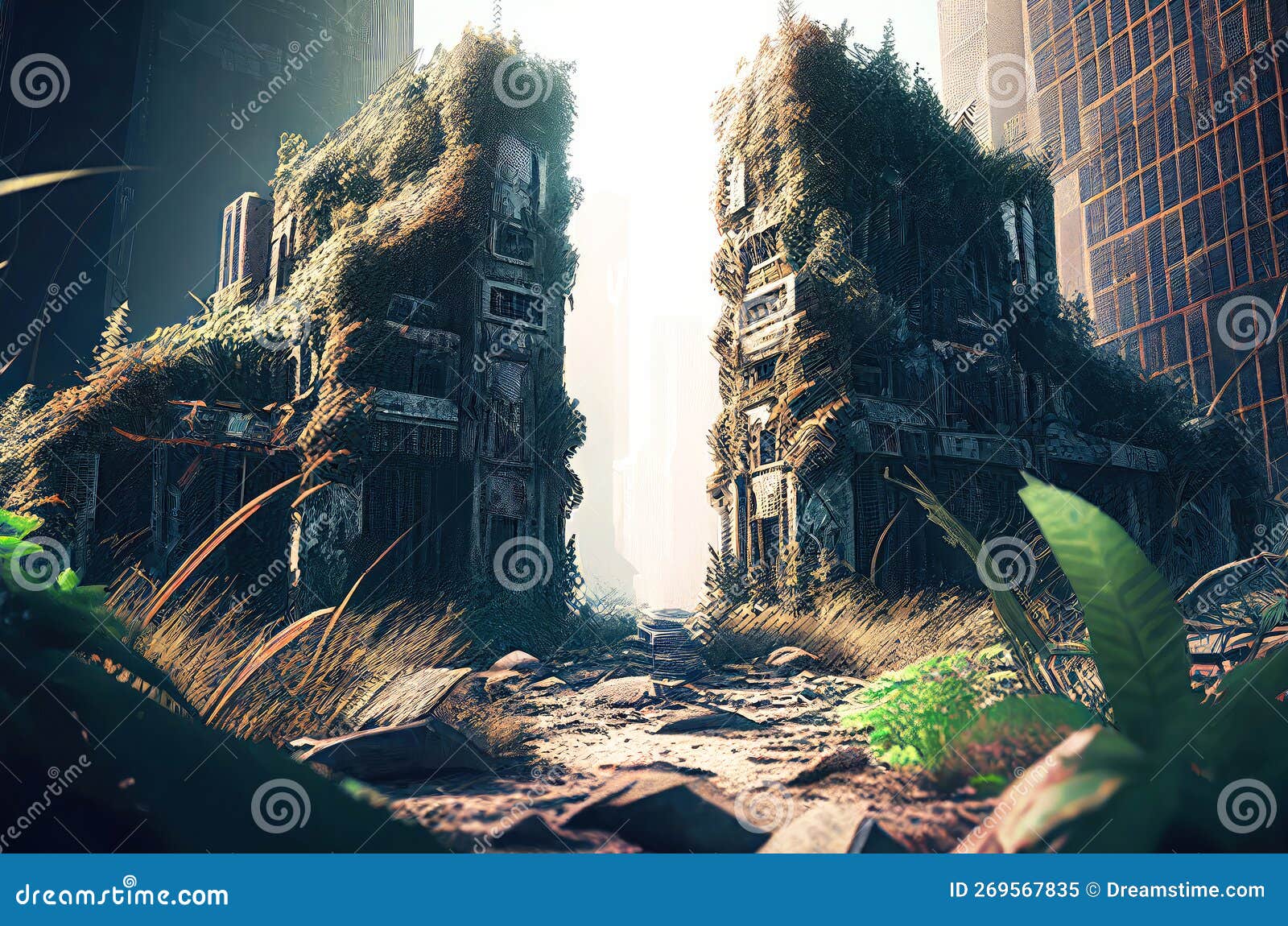 Post-apocalyptic Scenery with Destroyed Building Structures Stock ...