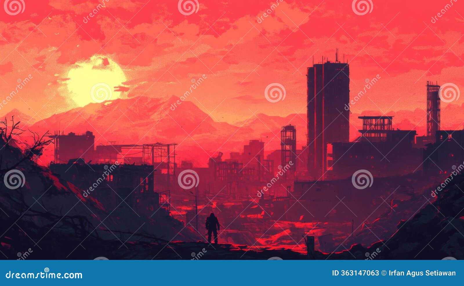 Post Apocalyptic Sunset Cityscape with Silhouette Figure Stock ...