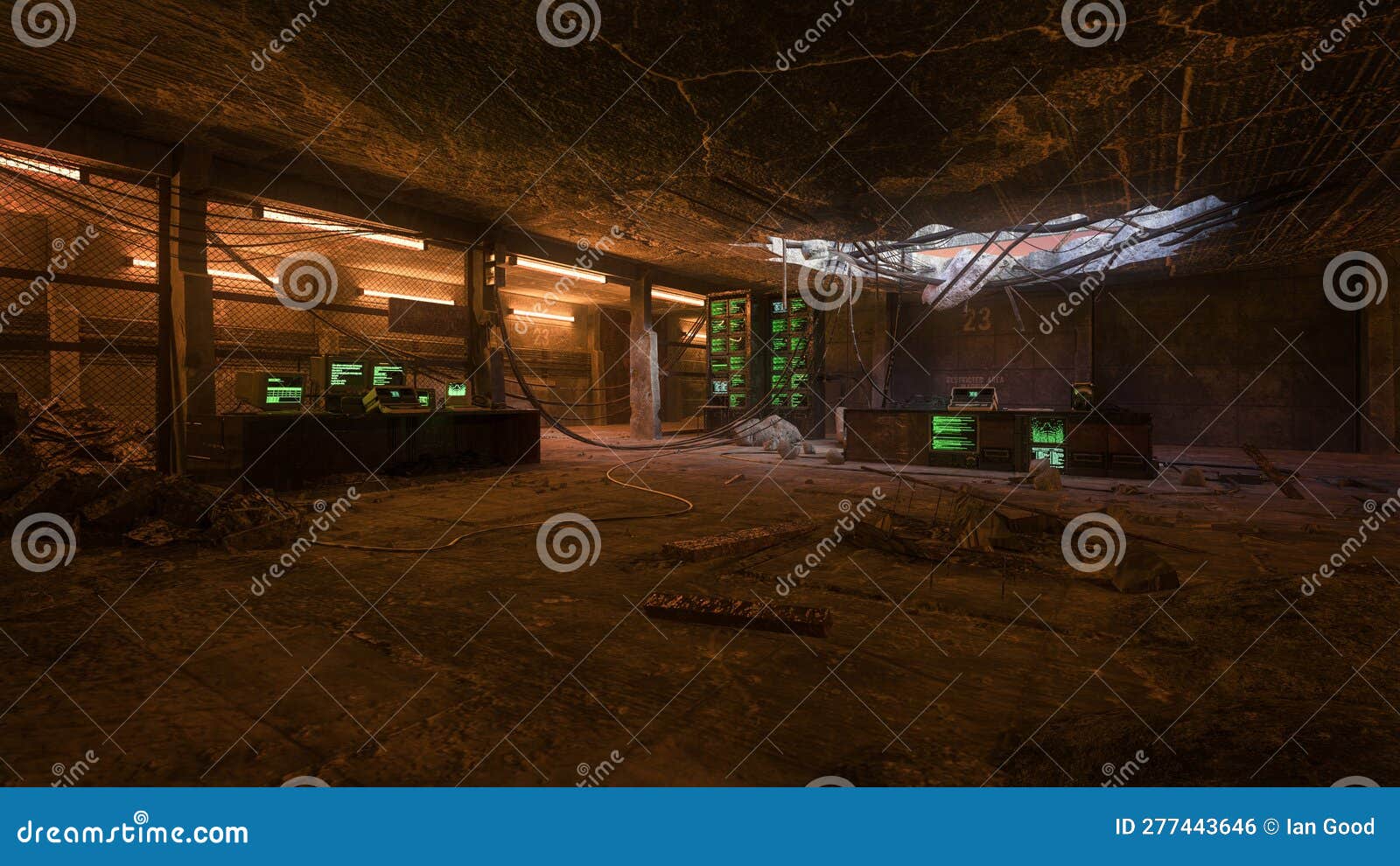 Post Apocalyptic Undergound Bunker with Retro Computer Equipment. 3D ...