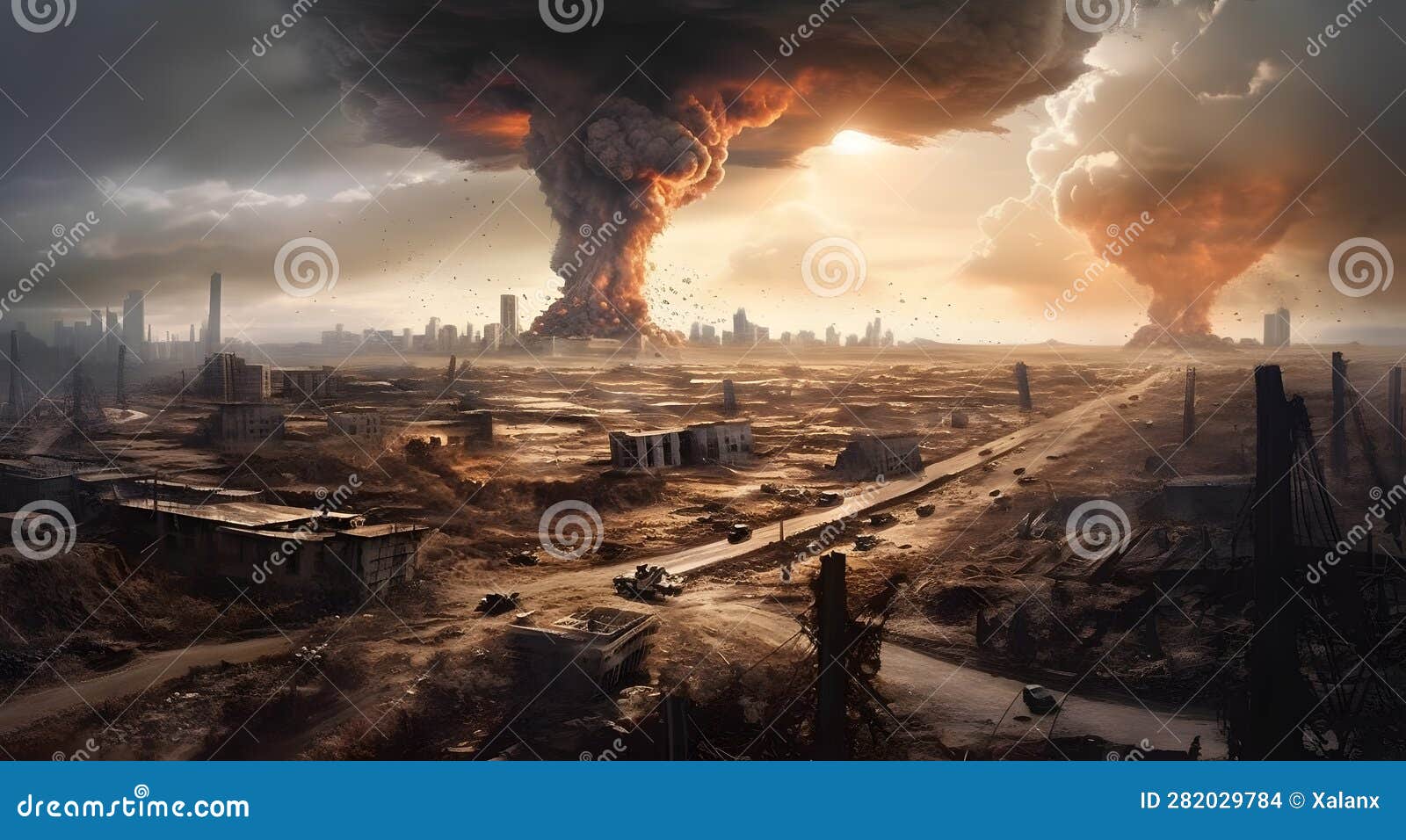 Post-apocalyptic war zone stock illustration. Illustration of desolated ...