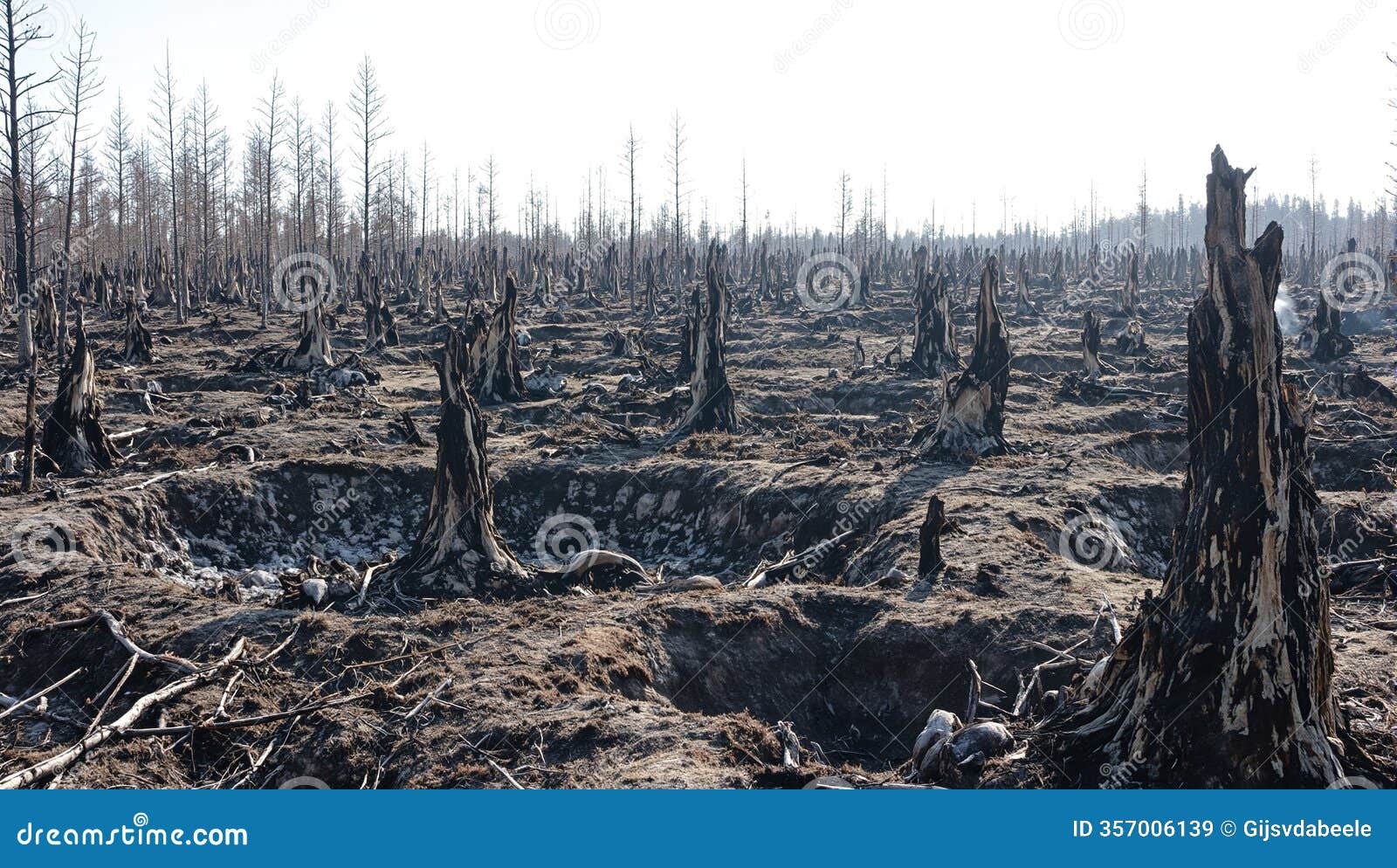Post Battlefield with Charred Stumps and Craters Thick with Acrid Smoke ...