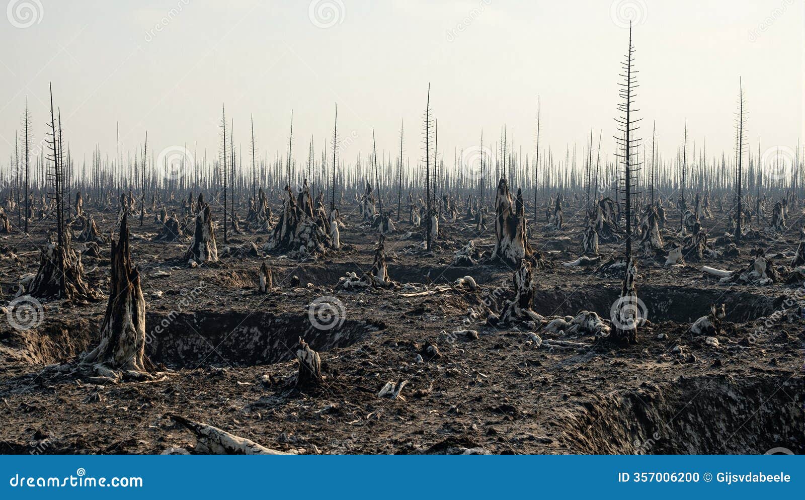 Post Battlefield with Charred Stumps and Craters Thick with Acrid Smoke ...