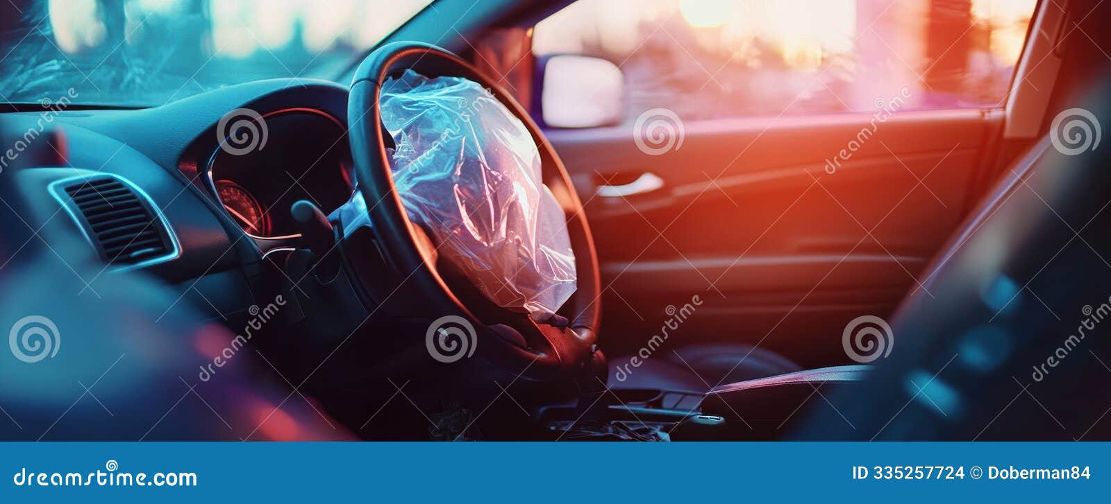 Post-deployment Scene Inside a Car Showcasing a Deflated Airbag and ...