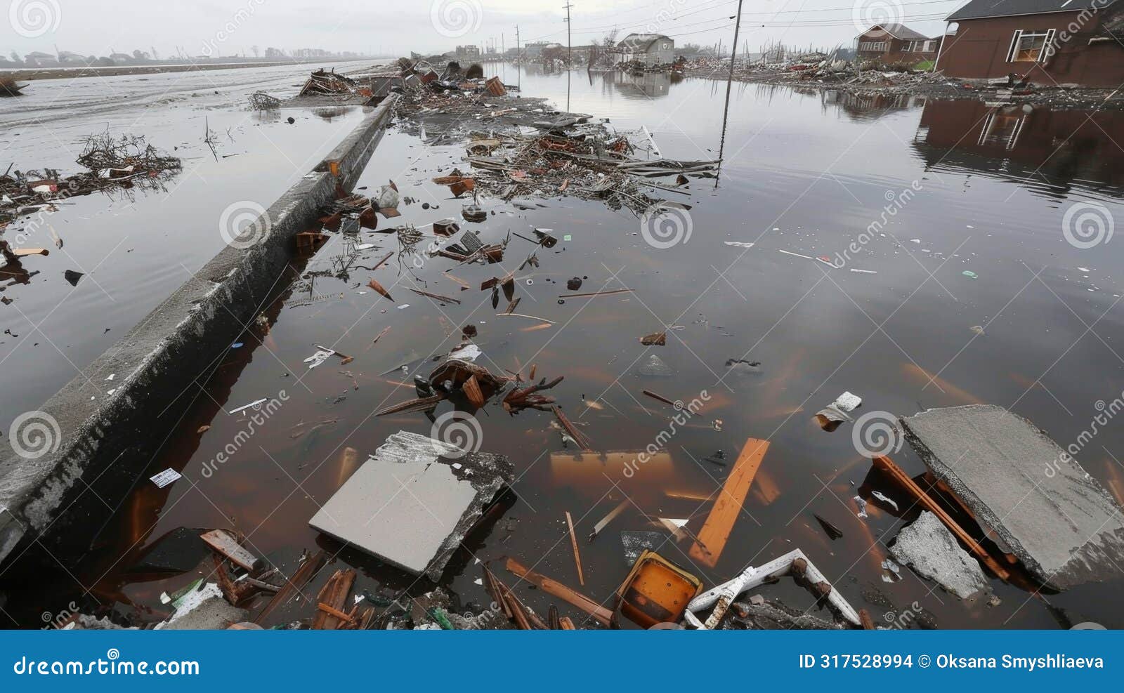Post-Disaster Scene with Flooded Street and Debris Stock Photo - Image ...