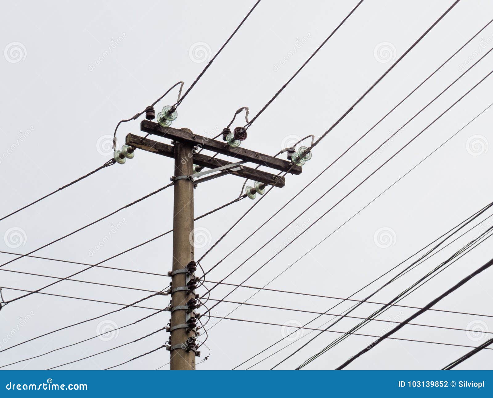 Post with Electric Transmission Wires on White Background Stock Photo ...