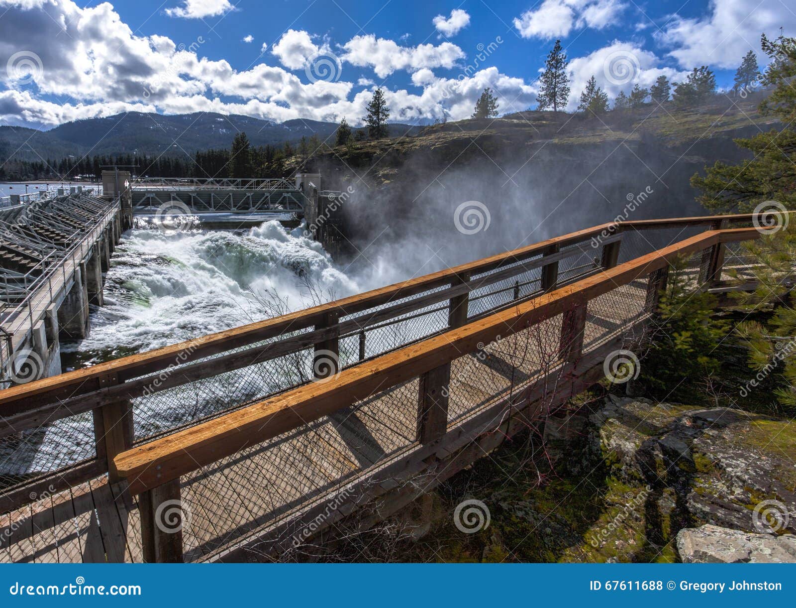 Post Falls Dam overlook. stock photo. Image of splash - 67611688