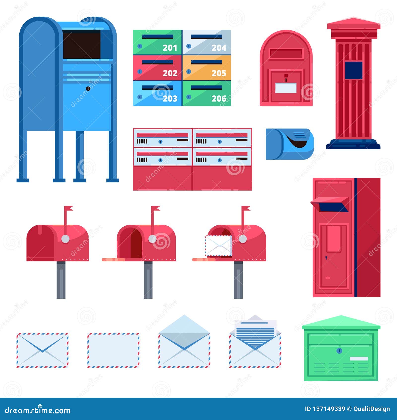 Post Mailbox Vector Flat Illustration. Letters and Postboxes Isolated ...