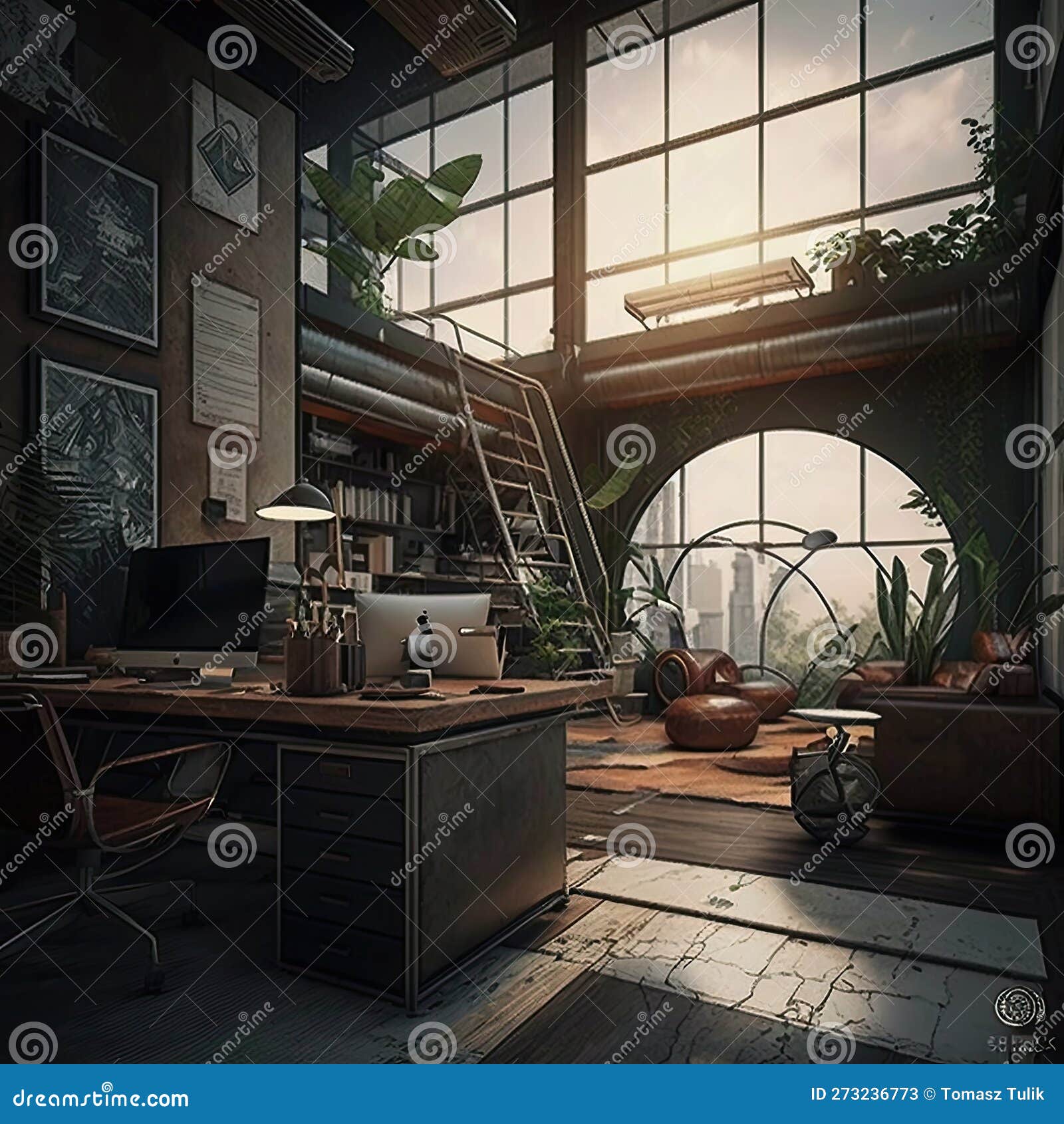 Post Modern Office Space, Vintage Tones, Loft Style. Stock Illustration ...