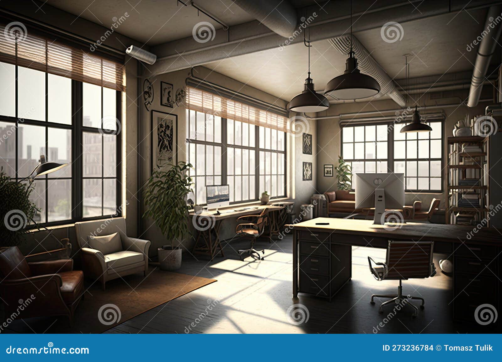 Post Modern Office Space, Vintage Tones, Loft Style. Stock Illustration ...