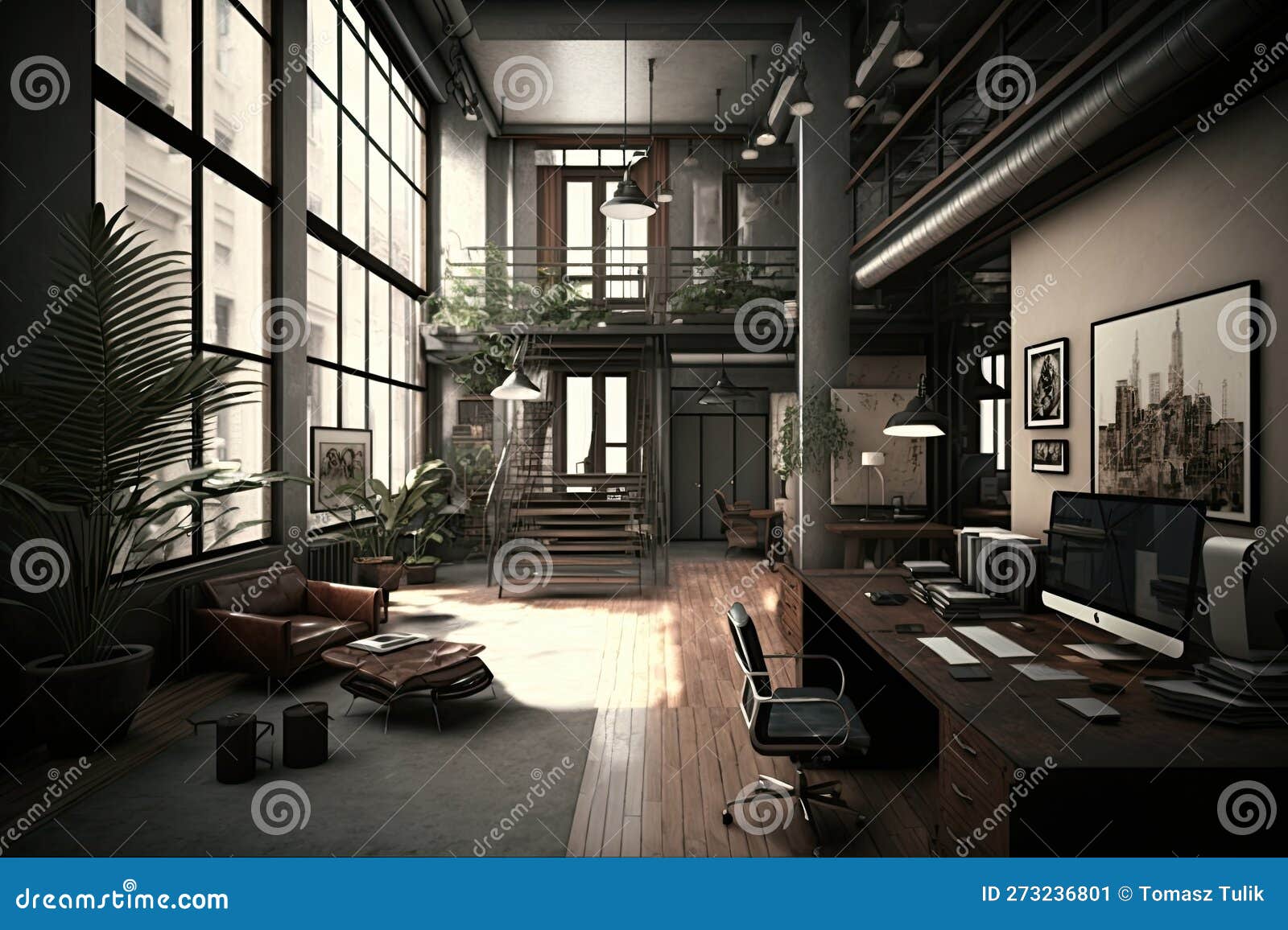 Post Modern Office Space, Vintage Tones, Loft Style. Stock Illustration ...