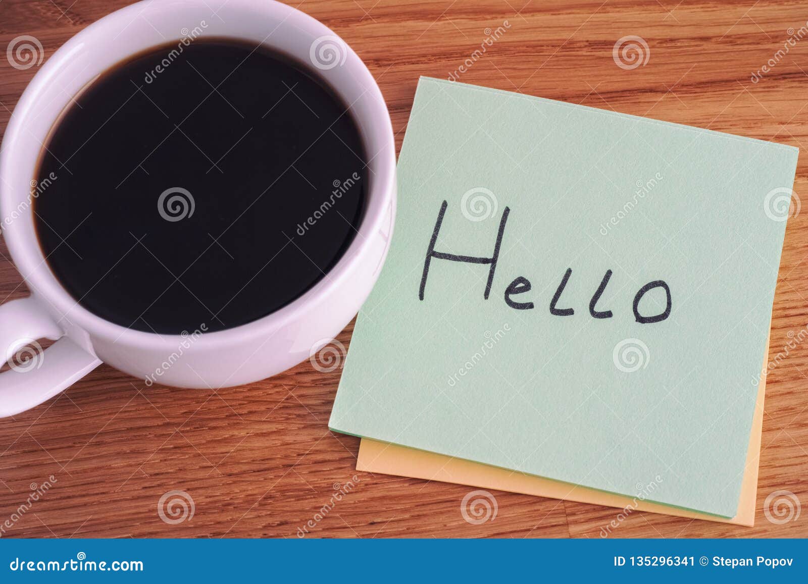 Post it Note with Writing Hello and Cup of Coffee Stock Image - Image ...