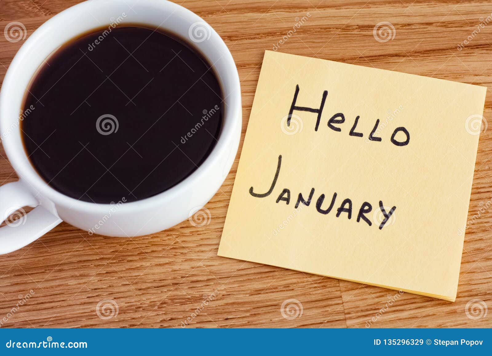 Post it Note with Writing Hello January and Cup of Coffee Stock Image ...
