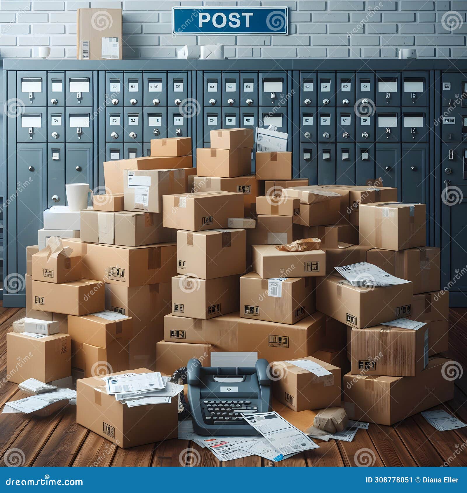 Post Office with Pile of Cardboard Boxes and Parcels Stock Illustration ...