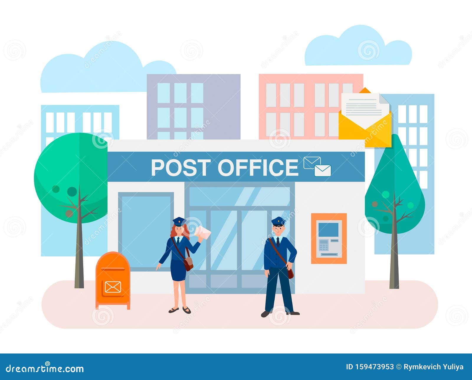 Post Office Building with Mailbox Outside and ATM on the Wall of the ...