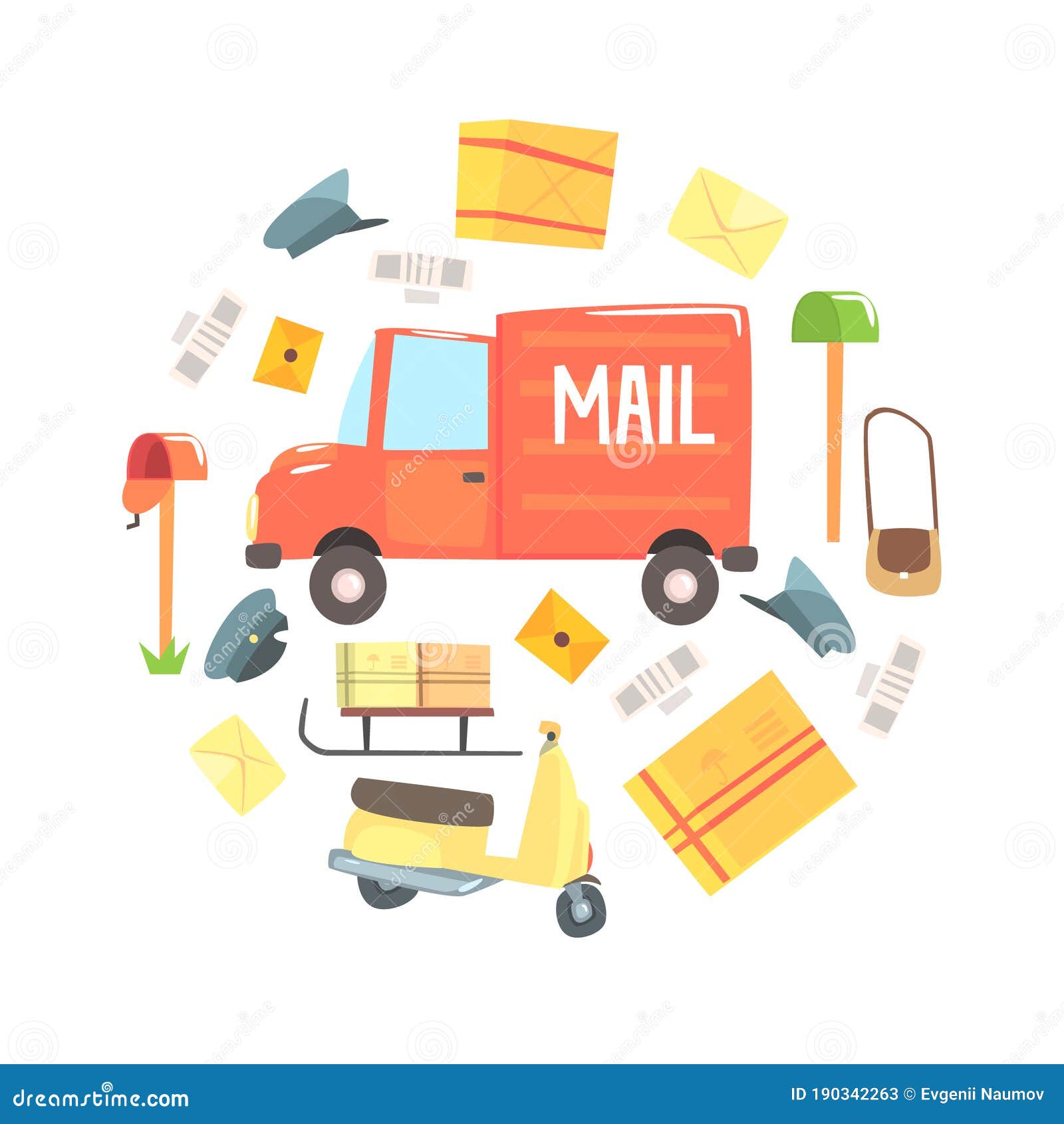 Post Office Cargo Vehicle and Postal Delivery Objects of Round Shape ...