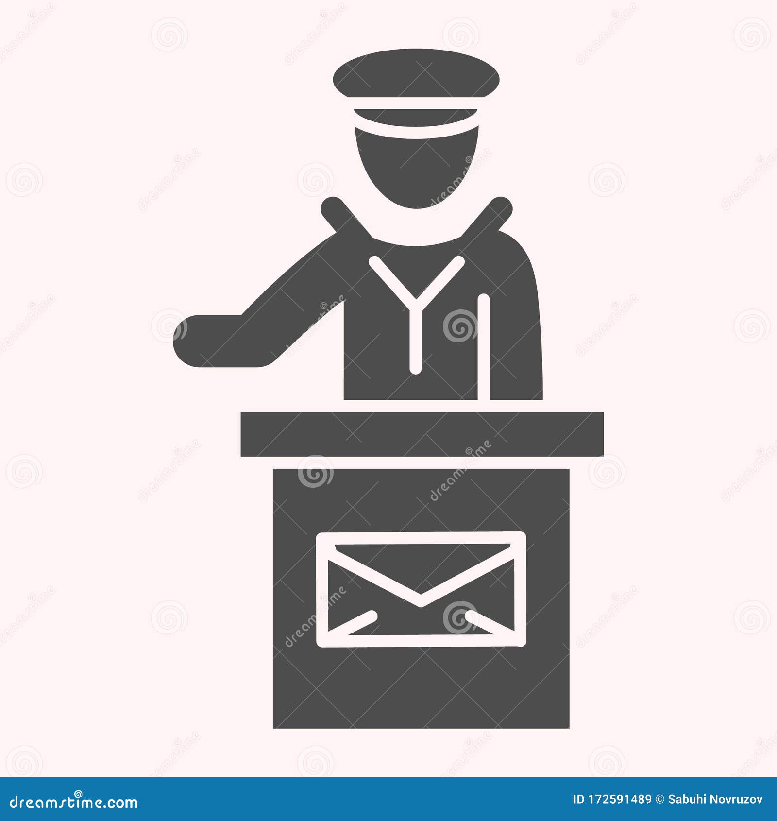 Post Office Employee Glyph Icon. Mail Man Speech on Stand with Envelope ...