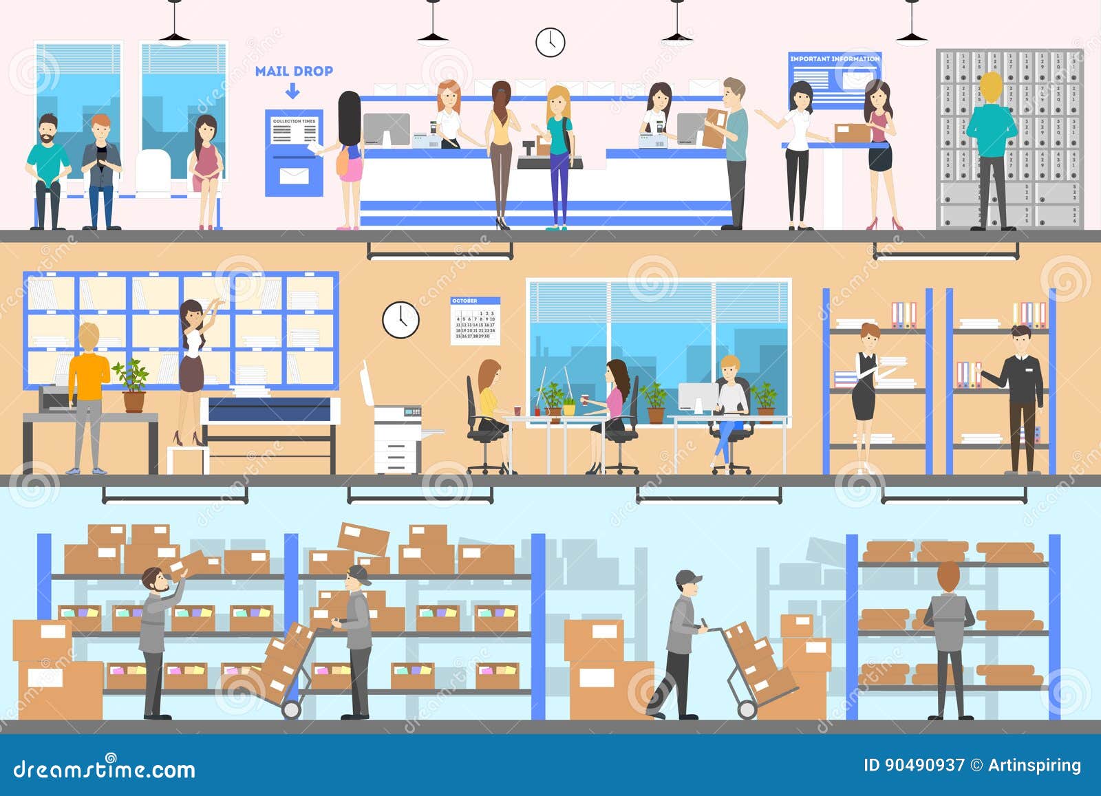 Post office interior set. stock vector. Illustration of send - 90490937