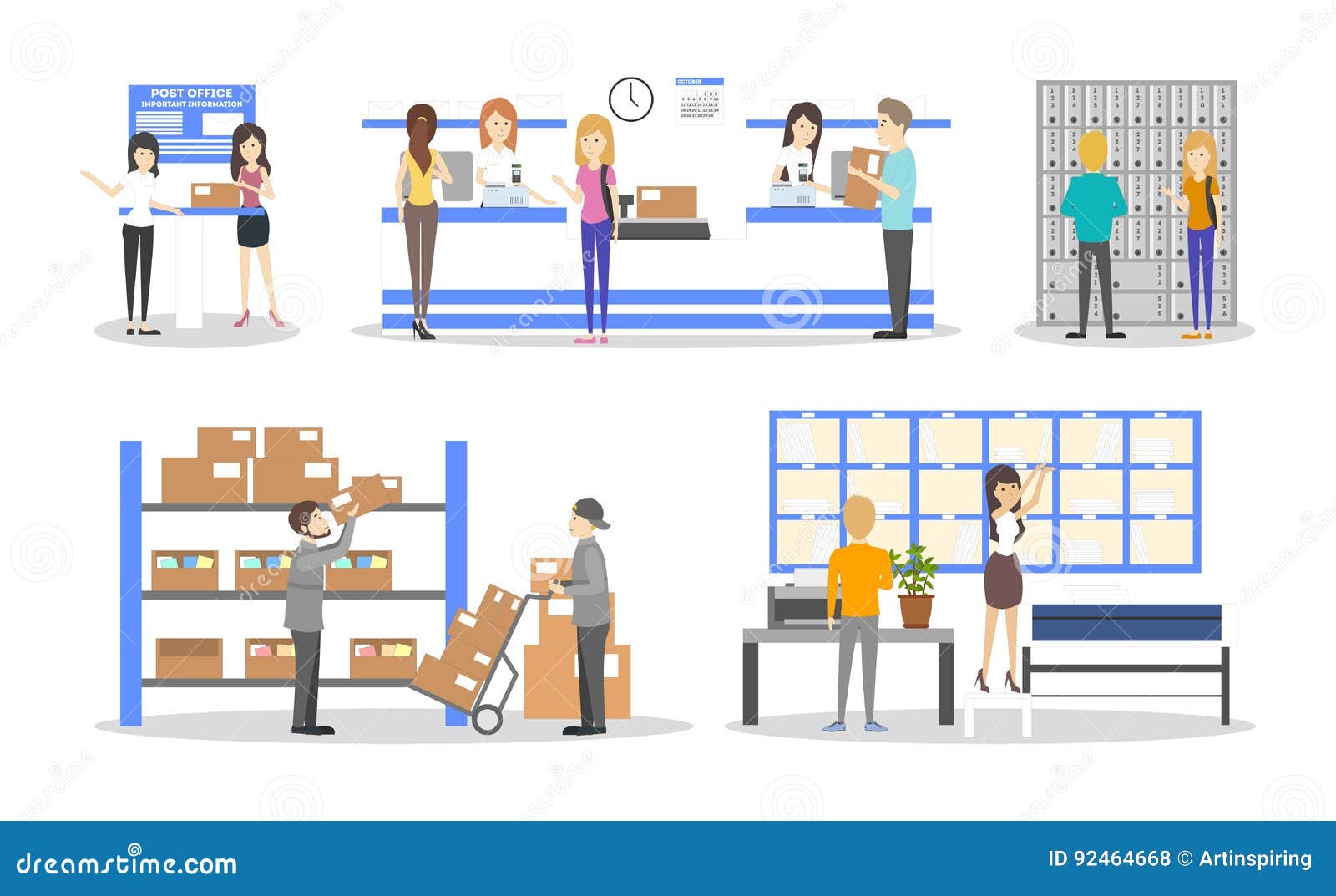 Post office interior set. stock vector. Illustration of delivering ...